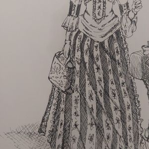 Wall Decor | Pen Ink Drawing Of Colonial Woman With Parasol Beside ...